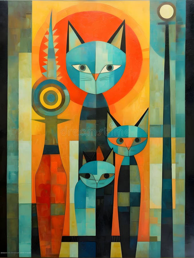 Abstract Painting with Cat and Cat in the Style of Cubism Stock ...