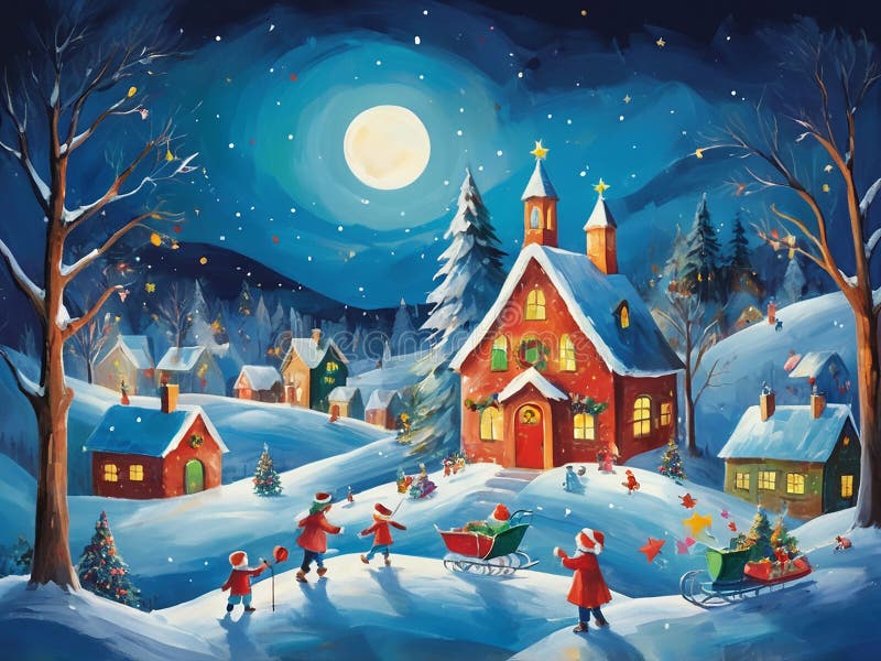 Abstract Painting of Christmas Scene with Full Moon Stock Illustration ...