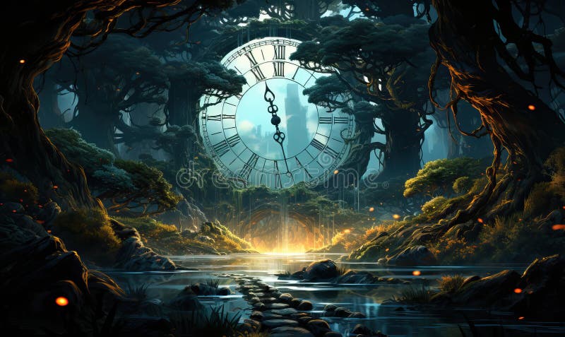 Abstract Painting, Clock in a Natural Landscape. Stock Illustration ...