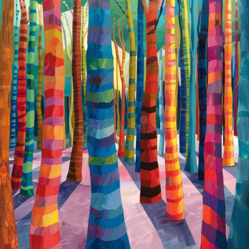 Abstract Painting of Colorful Tree Trunks in a Joyful Forest Stock ...