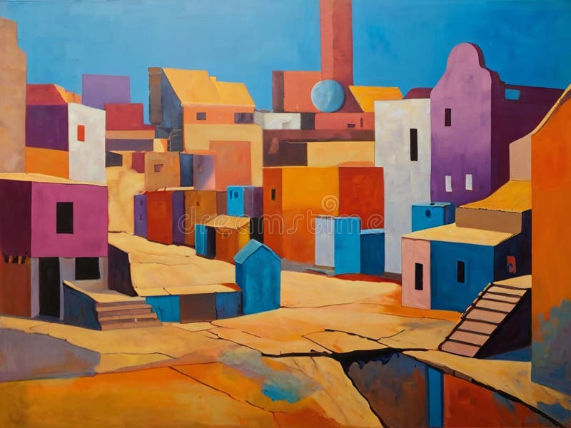 Abstract Painting of a Densely Populated Settlement Stock Illustration ...