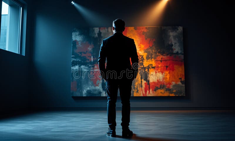 A Dramatic Scene in a Modern Art Gallery Featuring the Back View of a ...