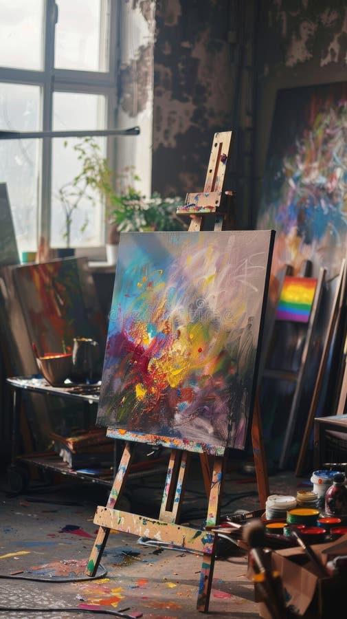 Abstract Painting on an Easel in a Messy Artist Studio Stock Photo ...