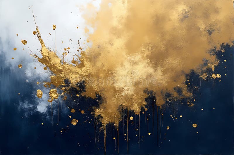 An Abstract Painting Features Gold Splatter and Drips Against Blue and ...