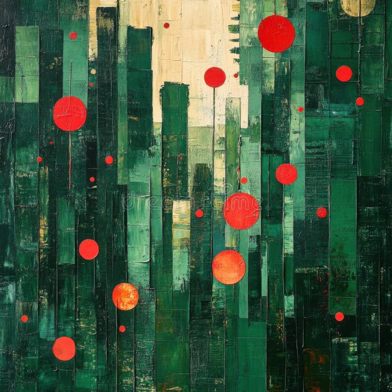 Abstract Painting Features Green Textures with Red Circles and Modern ...