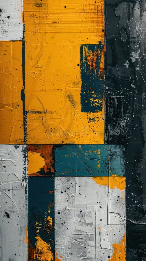 Abstract Painting Featuring Bold Yellow, Black, and Grey Rectangle with ...