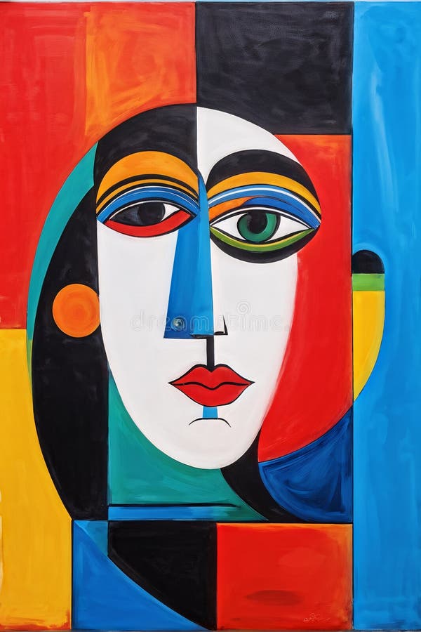 Abstract Painting Featuring a Central Stylized Face Formed by Geometric ...