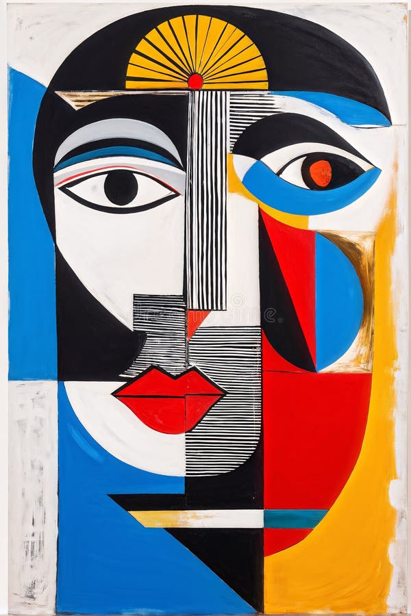 Abstract Painting Featuring a Central Stylized Face Formed by Geometric ...