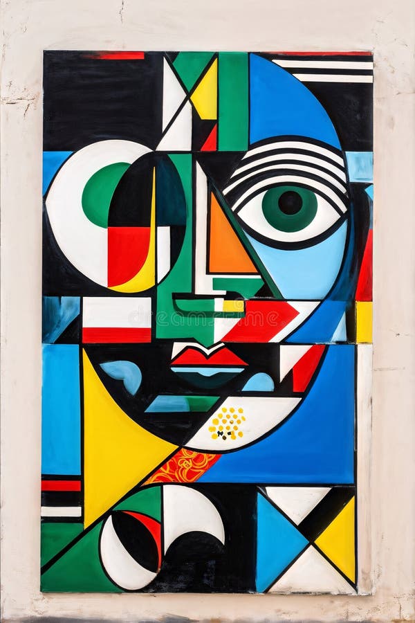 Abstract Painting Featuring a Central Stylized Face Formed by Geometric ...