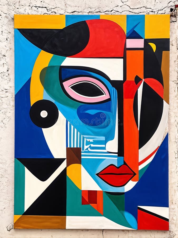 Abstract Painting Featuring a Central Stylized Face Formed by Geometric ...