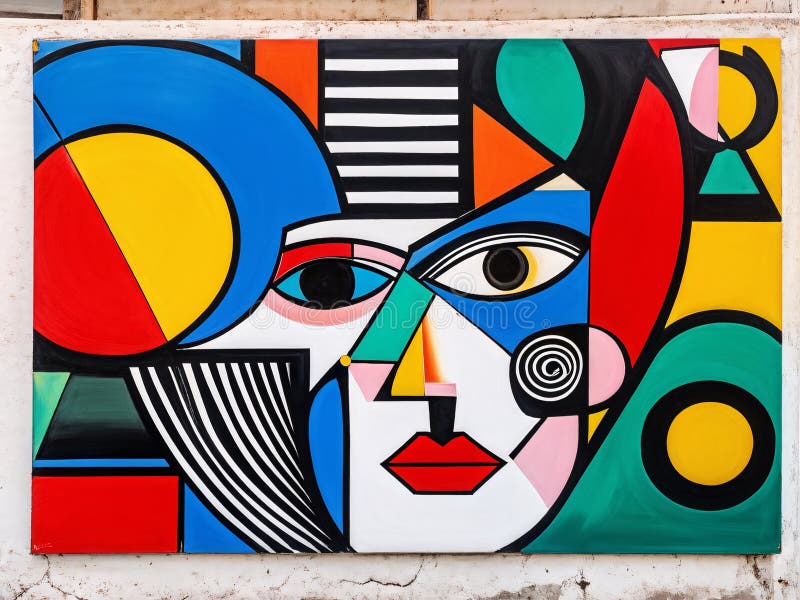Abstract Painting Featuring a Central Stylized Face Formed by Geometric ...