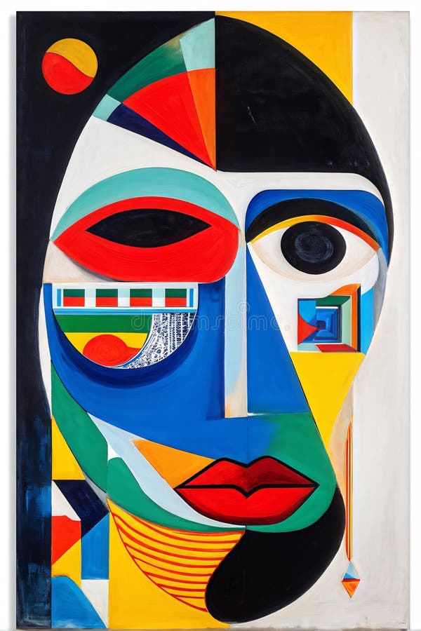 Abstract Painting Featuring a Central Stylized Face Formed by Geometric ...