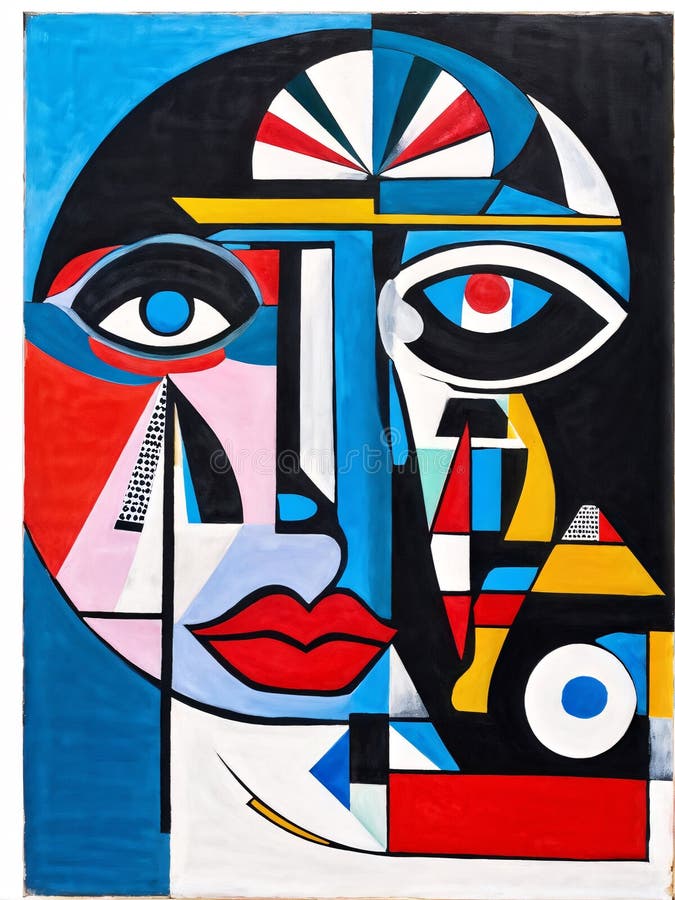 Abstract Painting Featuring a Central Stylized Face Formed by Geometric ...