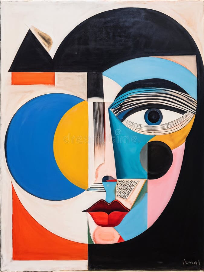 Abstract Painting Featuring a Central Stylized Face Formed by Geometric ...