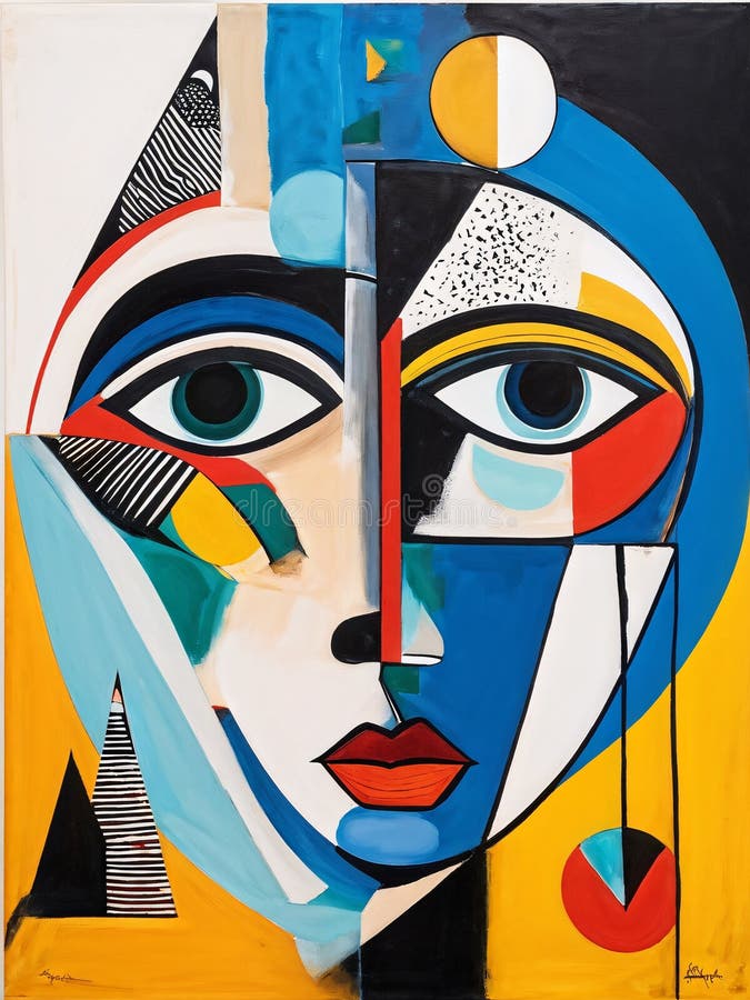 Abstract Painting Featuring a Central Stylized Face Formed by Geometric ...