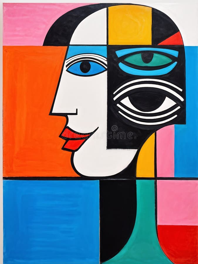 Abstract Painting Featuring a Central Stylized Face Formed by Geometric ...