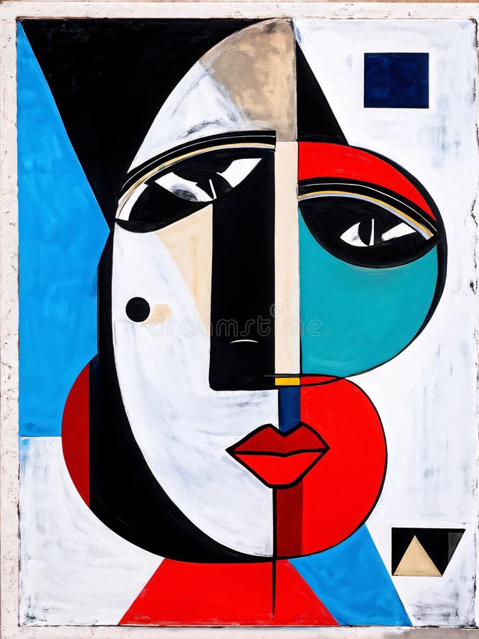 Abstract Painting Featuring a Central Stylized Face Formed by Geometric ...