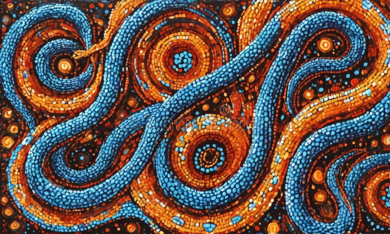 Abstract Painting Featuring Complex Pattern Overlapping Blue and Orange ...