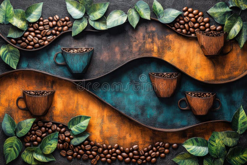 Abstract Painting Featuring Geometric Coffee Cups and Beans with Leaf ...