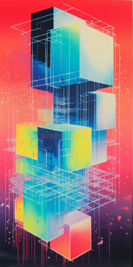 Vibrant Abstract Art Print of a Building with Neon Installations Stock ...