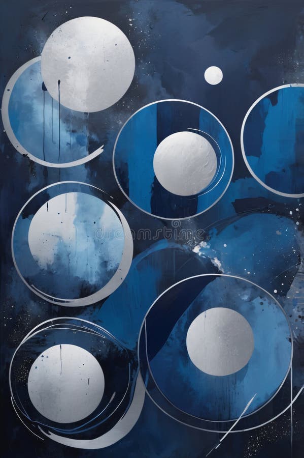 Abstract Painting Featuring Intertwined Blue and Silver Circles on Dark ...
