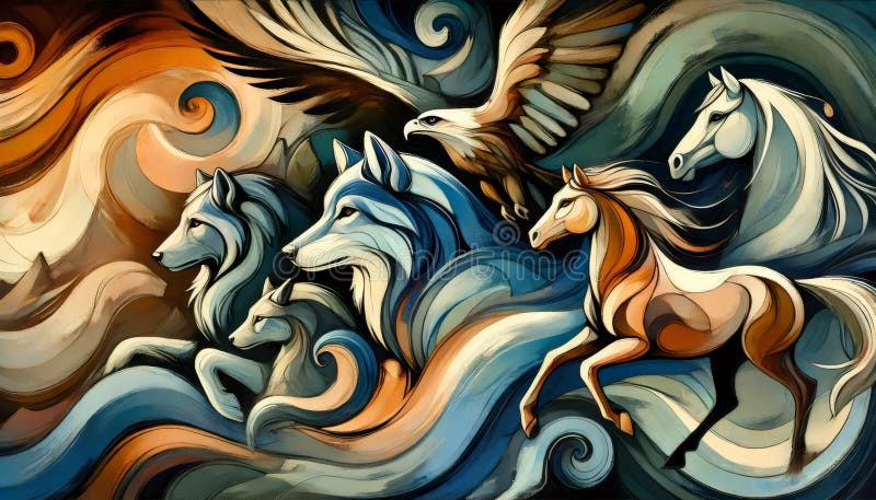 Majestic Wolves, Horses and Eagle Soaring through Swirling Colors in ...