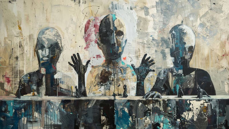 An Abstract Painting Featuring Three Humanoid Figures with Expressive ...