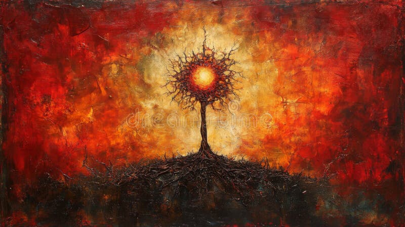 Abstract Painting of Fiery Tree at Sunset Stock Illustration ...