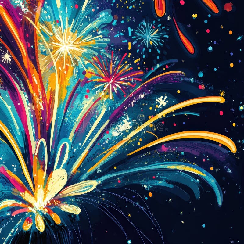 An Abstract Painting of Fireworks Exploding in a Dark Sky with Vibrant ...