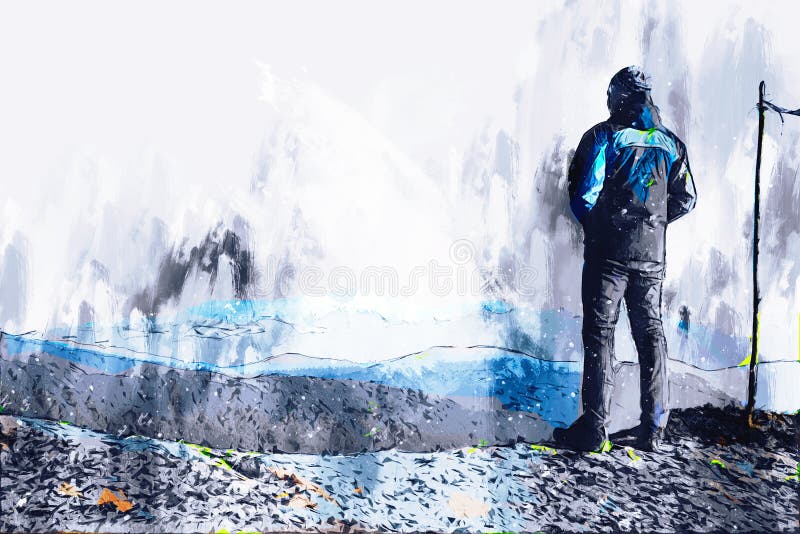 Abstract Painting of Mountains with Standing Man , Digital Painting ...