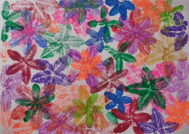 Abstract Painting of Overlapping Flowers Using Leaf Prints. Stock ...
