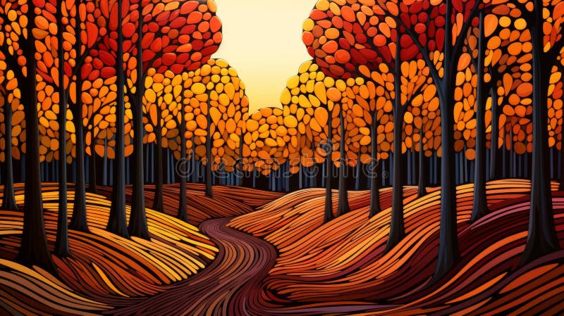 An Abstract Painting of a Path through a Forest with Orange Trees Stock ...