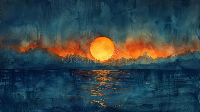 Abstract Painting of a Sunset Over the Ocean Stock Photo - Image of ...