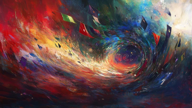 Abstract Painting with a Swirling Vortex and Colorful Flags Stock ...