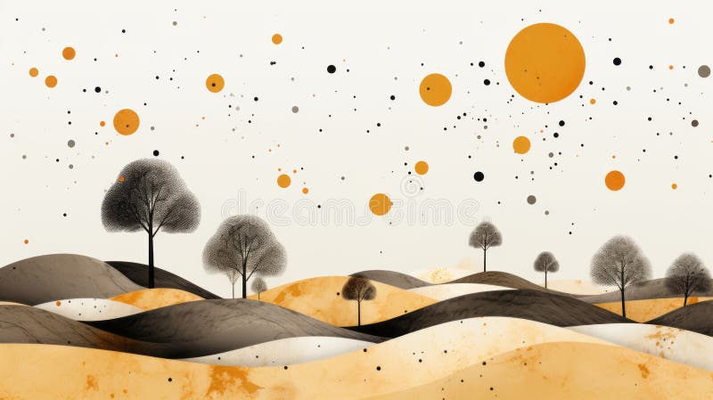 An Abstract Painting of Trees and Hills with Orange Dots Stock ...