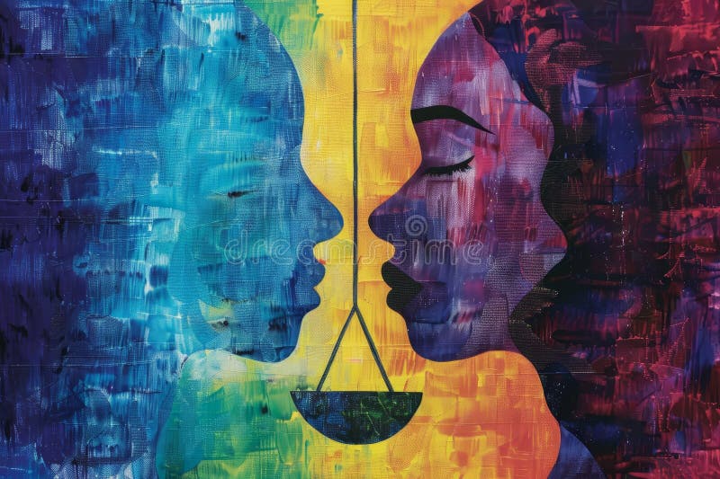 An Abstract Painting with Two Female Faces on Either Side of a Scale of ...