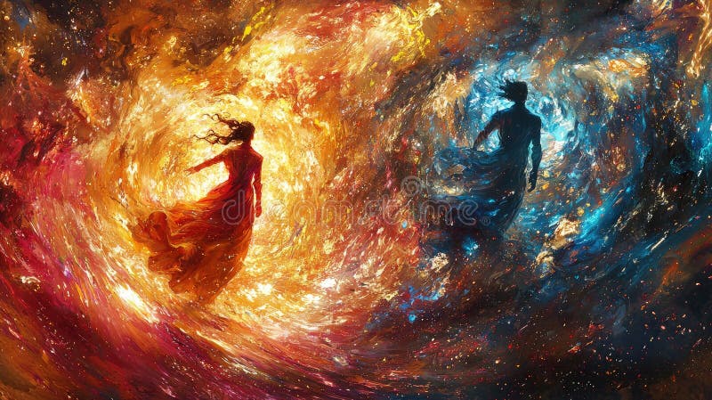 Abstract Painting of Two Figures One in Fire One in Water a Concept of ...