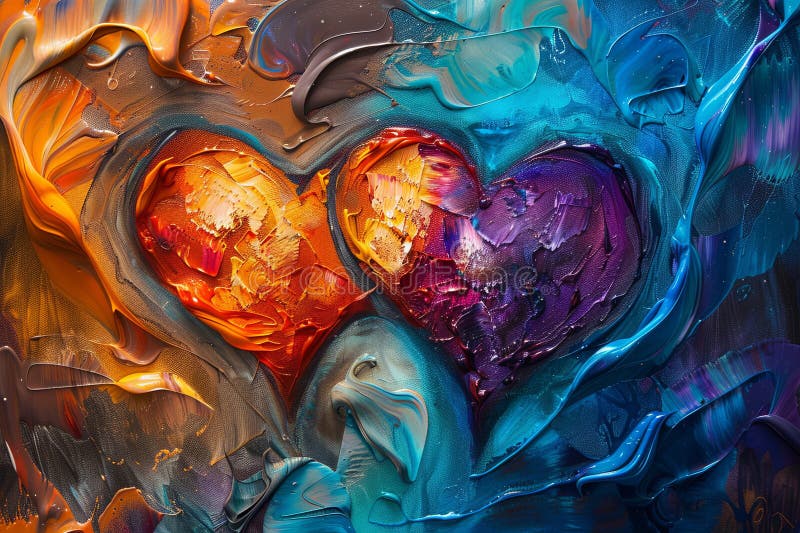 Abstract Painting of Two Hearts Embracing in Dramatic Lighting on ...