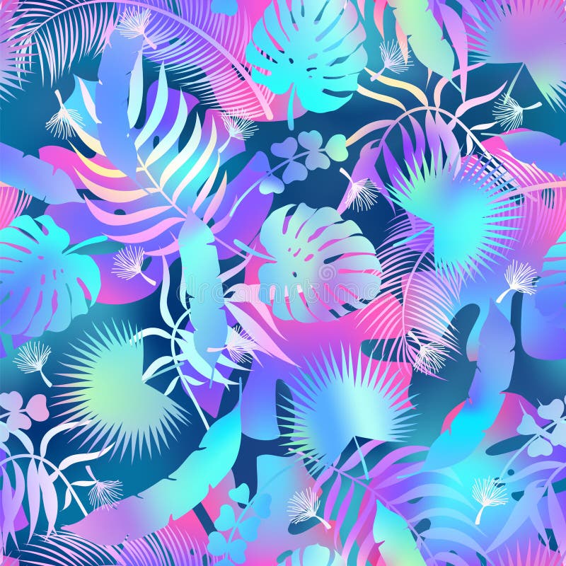 Abstract Palm Leaves Seamless Pattern. Vector Holographic Tropical Jungle Texture on Neon ...