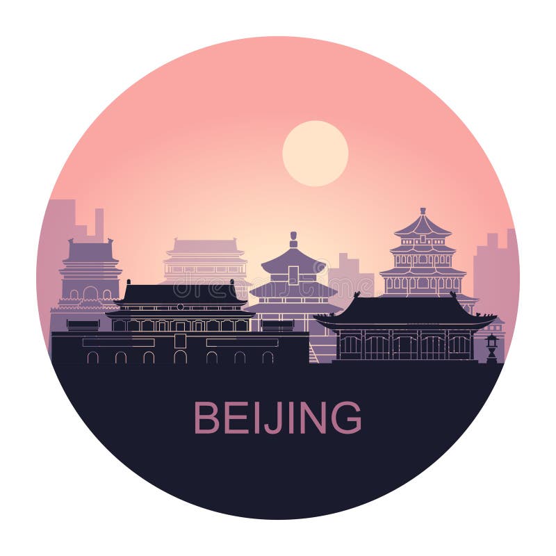 Abstract Panorama of Beijing at Sunrise. Architectural Monuments in the ...