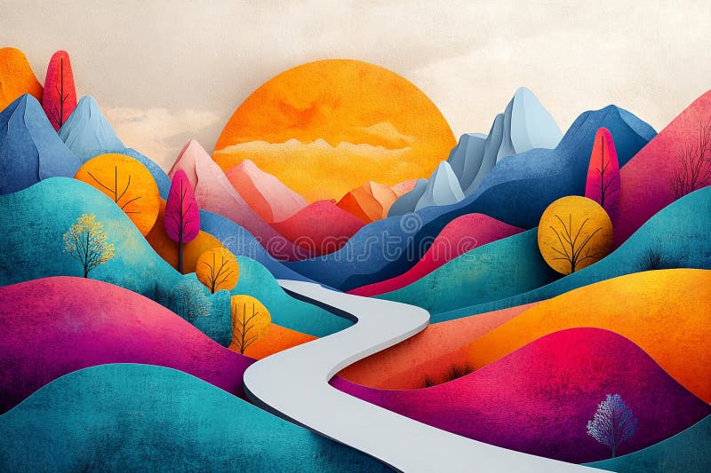 Abstract Panoramic Landscape with Vibrant Colors and Geometric Shapes ...