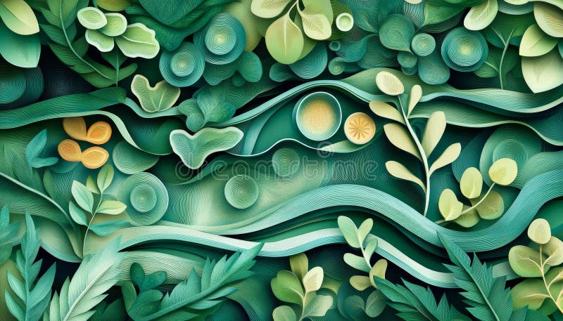 Abstract Paper Art Background, Green Layered Design with Leaf Patterns ...