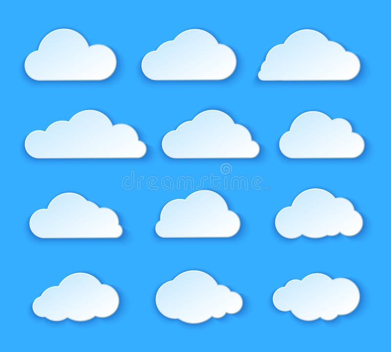 Abstract Paper Clouds Set. White Paper Clouds Design on Blue Background ...