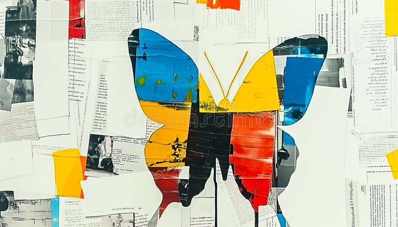 Abstract Paper Collage Butterfly on Document Background Stock ...