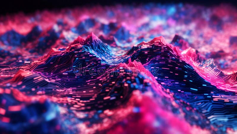Abstract Particle Data Landscape Background with Flowing Binary Codes Rivers. High Speed Digital ...