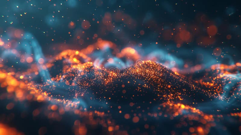 Abstract Particle Wave Background with Orange Glow and Blue Mist ...