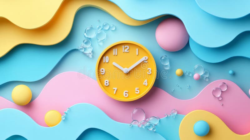 Abstract Pastel Clock Design with Wavy Paper Shapes Stock Illustration ...