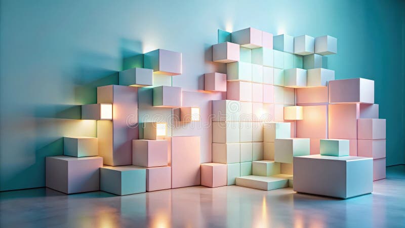 Abstract Pastel Cube Structure with Internal Lighting and Reflective ...