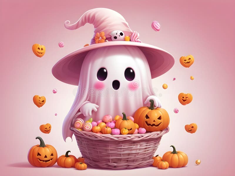 Abstract Pastel Cute Pink Ghost in Hat with Pumpkin Basket Stock ...