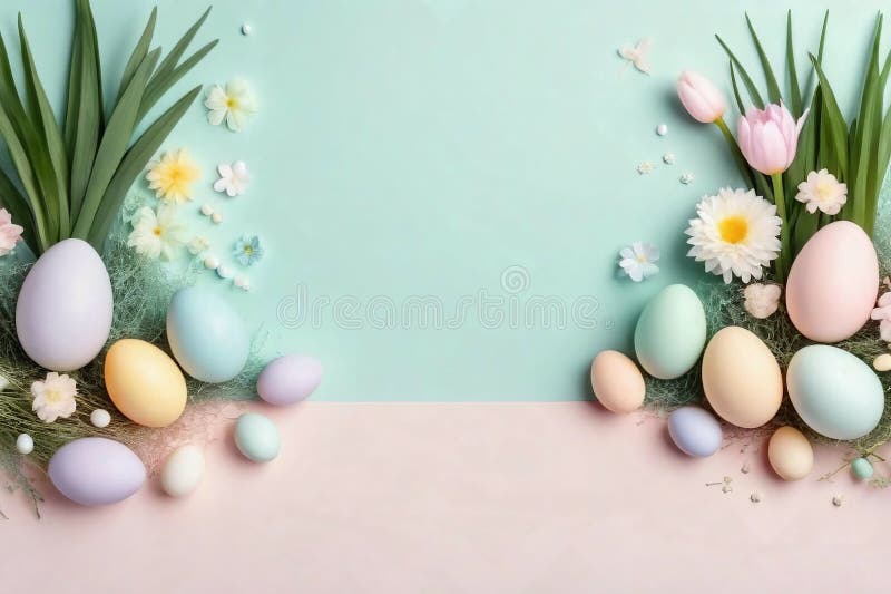 Abstract Pastel Easter Border Background. Plants, Eggs and Flowers ...